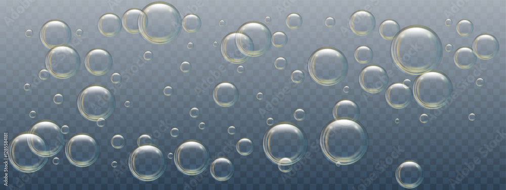 Underwater bubbles on a transparent background. Water flow in an ocean, sea, aquarium. Air ...