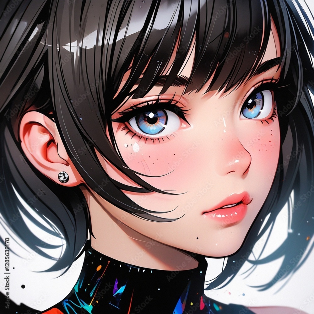 anime style beautiful girl face illustration with digital art color ...