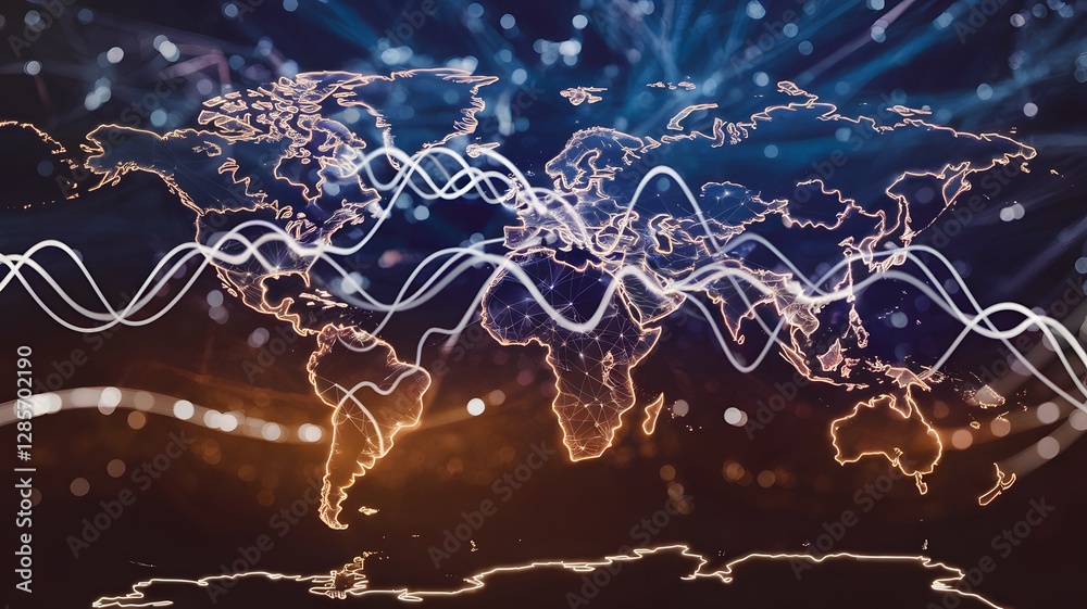 Shimmering supply chain map: A glowing world map with flowing light ...