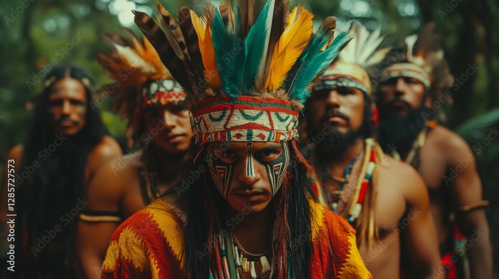 Group of young indigenous men in traditional feather headdresses and ...