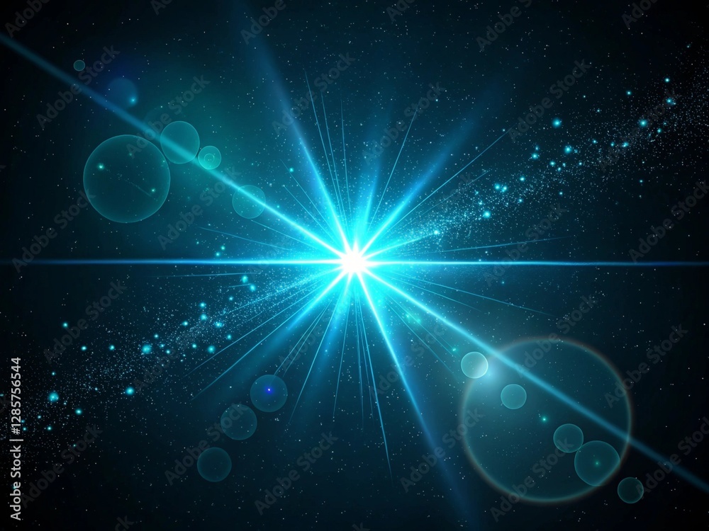 Bright lens flare effect on black background. Light rays radiate from ...