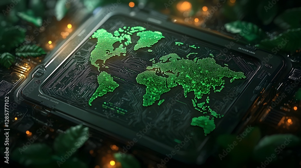 Futuristic digital world map infographic with animated green pulsating ...
