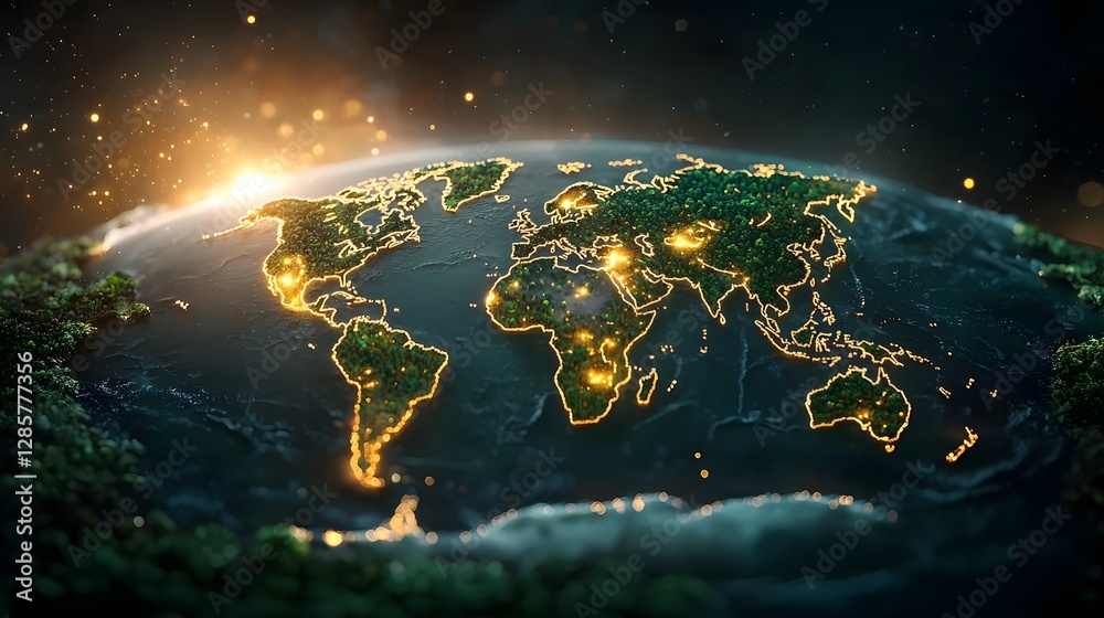 Futuristic digital world map with animated green pulsating zones ...