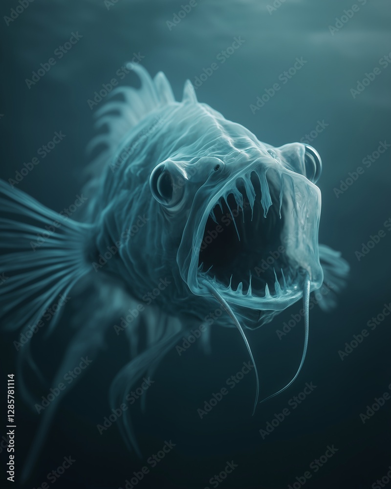 realistic photo of an anglerfish with shocked expression, its ...