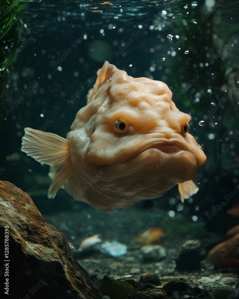 Realistic photo a blobfish with a droopy, sad expression, sagging skin ...