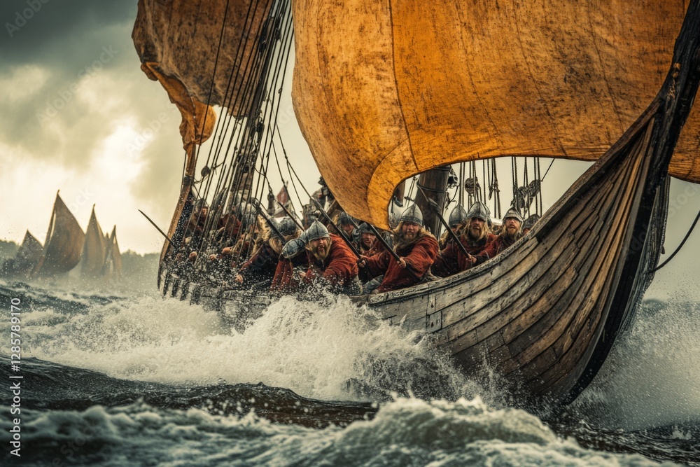 Viking warriors navigating turbulent seas on traditional longships ...