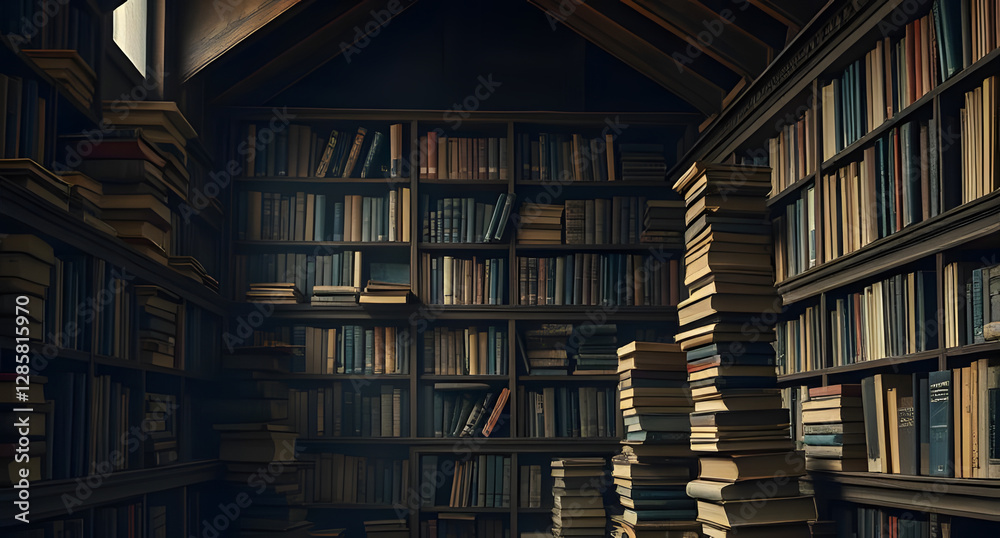 Dusty old library with floating books background. Stacked shelves with ...