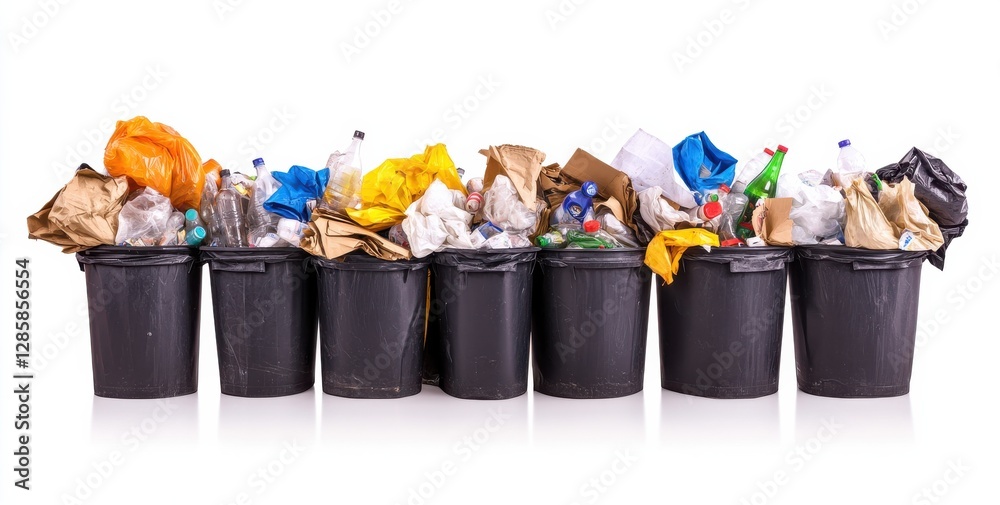 Overflowing trash bins filled with various types of waste in a clean ...