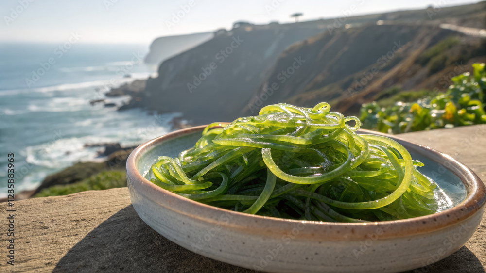 Succulent sea beans coil on a ceramic dish. Backlight emphasizes their ...