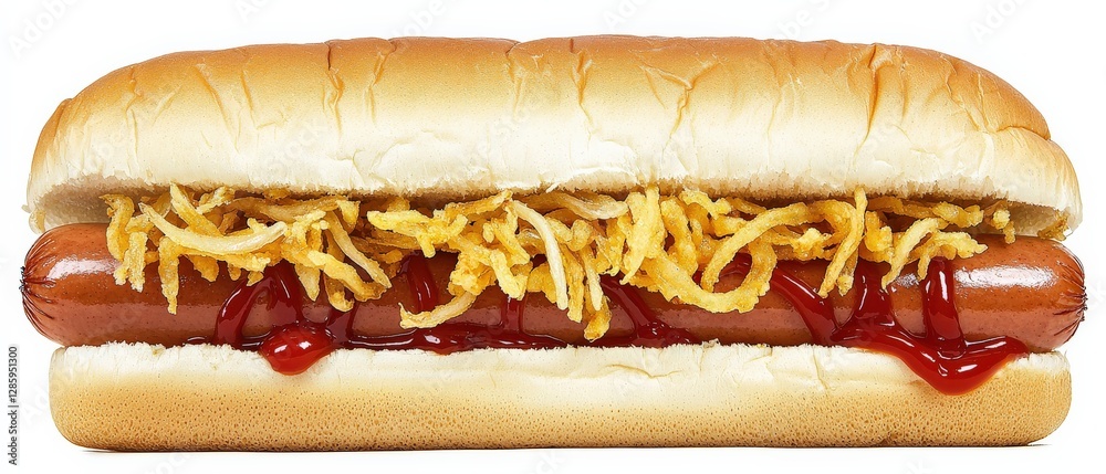 Ultra-detailed hyper-realistic hot dog with crispy fried onions ...