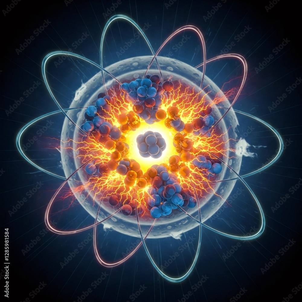 Atomic nucleus exploding, releasing energy and subatomic particles ...