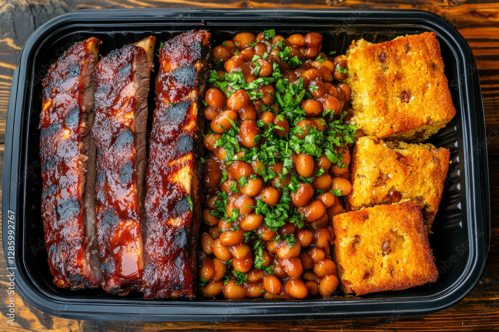 Food in black plastic box, Top view of a black plastic BBQ container ...
