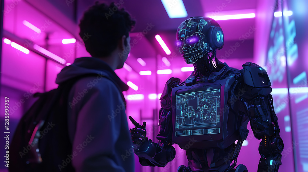 A realistic animation of an AI tutor in humanoid form standing beside a ...