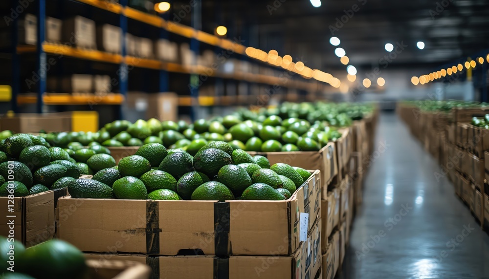 Crates of avocados in a warehouse, rows of boxes, bright lighting ...