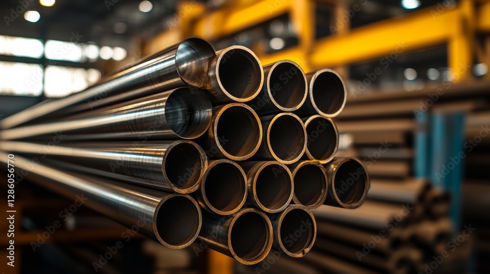 Bunch of metal pipes are stacked up in a factory. The pipes are silver ...