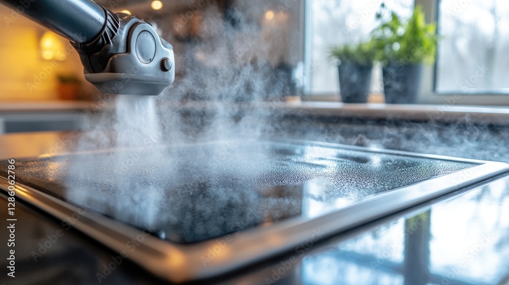 Handheld steam cleaner removing grease from a stainless steel stovetop ...