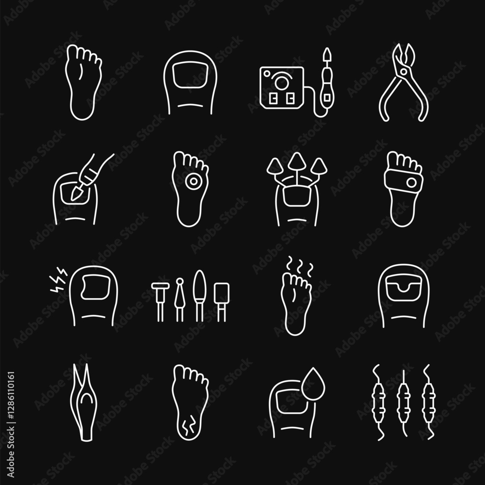 Podiatry line white icon set on black background. Podology collection ...