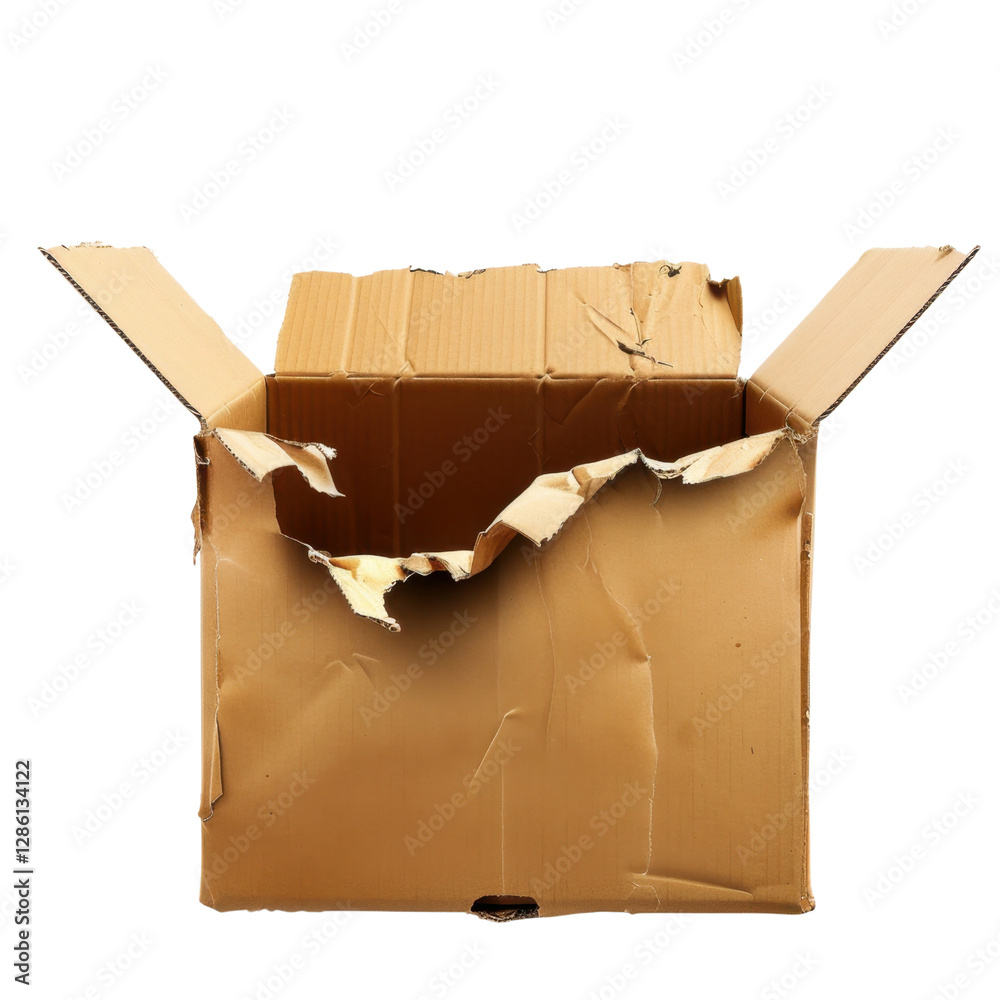 damaged cardboard box with torn edges and open top, showcasing its worn ...