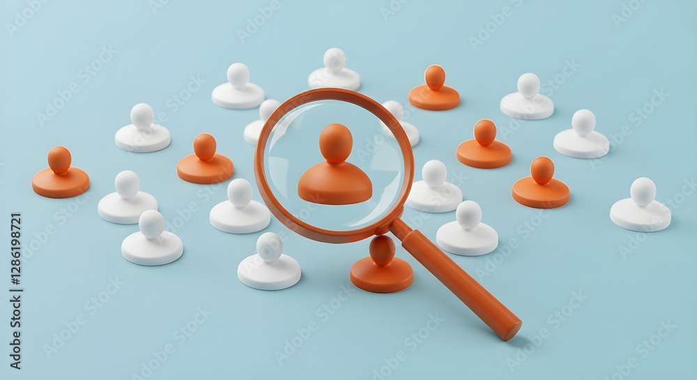 Ícono humano amarillo en lupa entre íconos blancos sobre fondo azul que ...