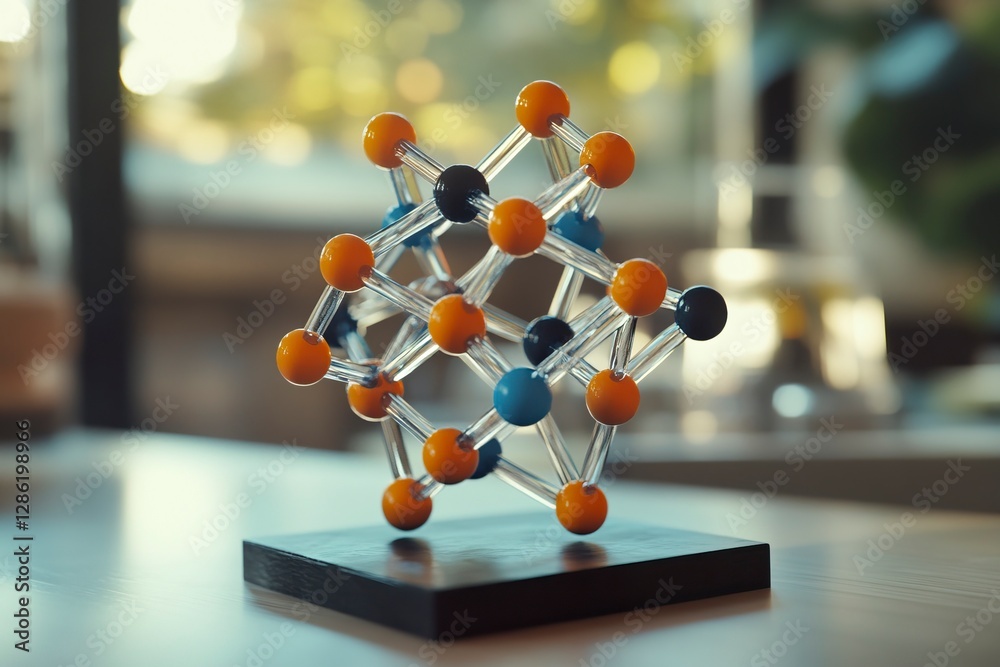 Molecule model with orange and blue spheres representing chemical ...