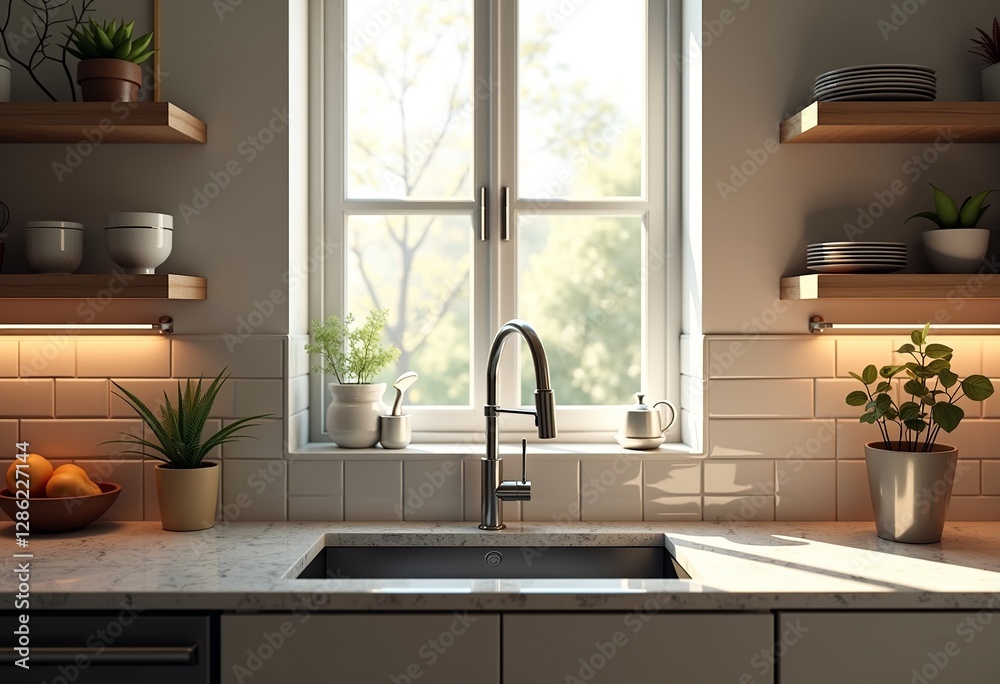 Minimalist Urban Kitchen: Perfect Front-On View of Stainless Steel Sink ...