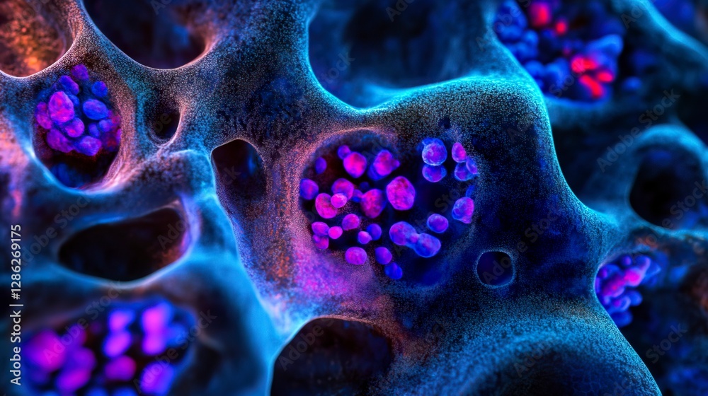 Microscopic view of purple and blue cells in a biological sample under ...