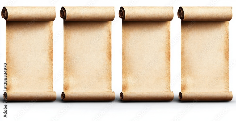 Five aged, parchment scrolls arranged in a row against a white ...