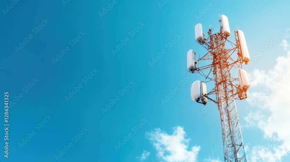 This image features a prominent wireless communications tower reaching ...