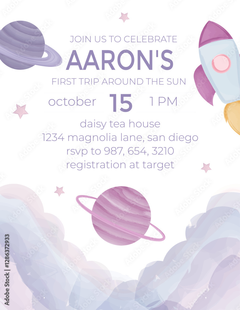 Birthday invitation card vector template. Space birthday Party theme ...