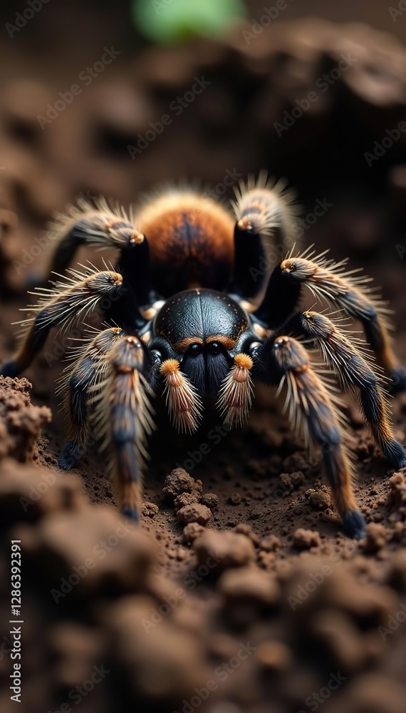 Burrowed soil with tarantula spider Pterinopelma sazimai, leggy ...