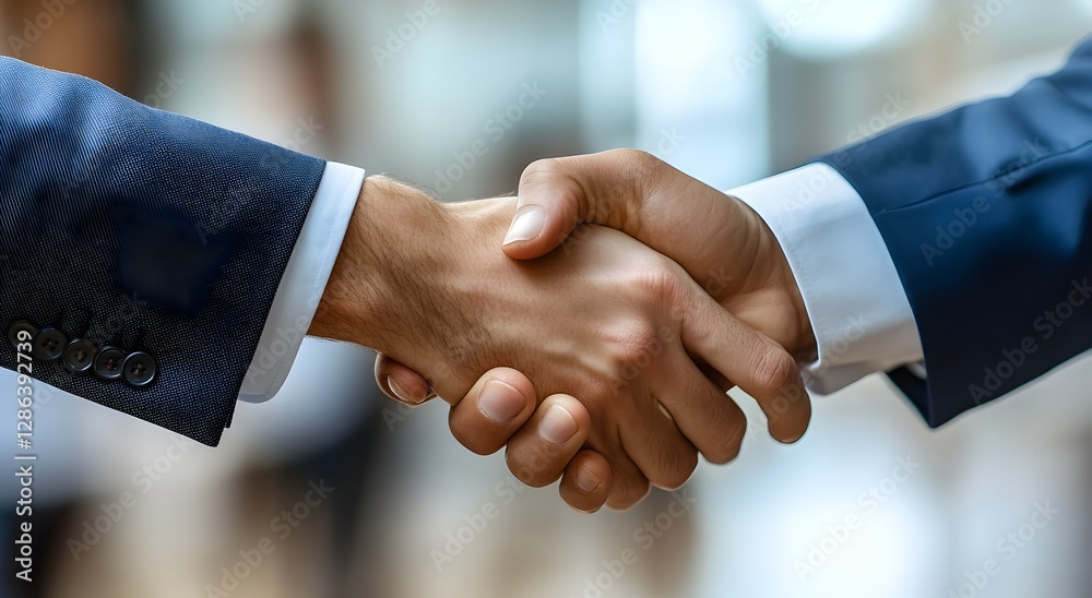 Two men engaging in a strong handshake symbolizing agreement and ...