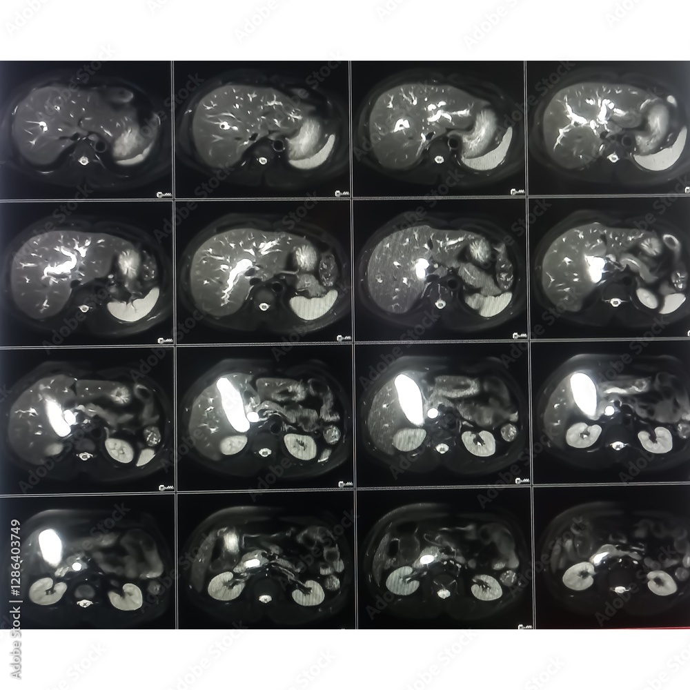 MRCP film of MRI of abdomen. Hepatic parenchymal tiny calcification ...