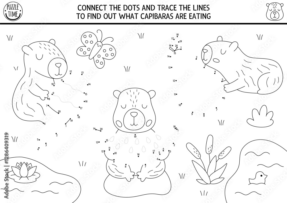 Vector line capybara dot-to-dot and color activity with animals eating ...