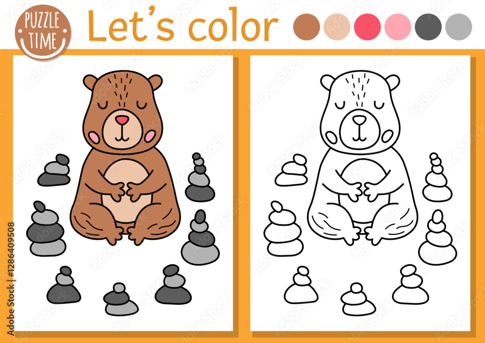 Capybara coloring page for children with cute animal meditating in rock ...