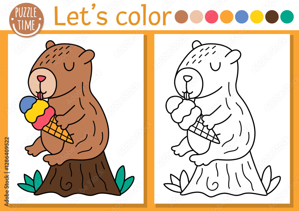Capybara coloring page for children with cute animal eating ice-cream ...