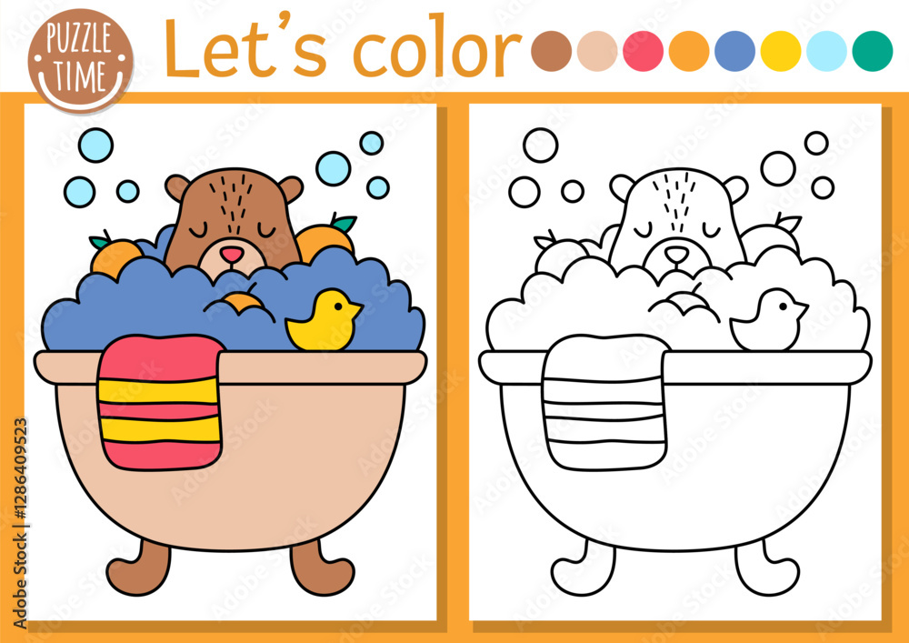 Capybara coloring page for children with cute animal taking bath with ...