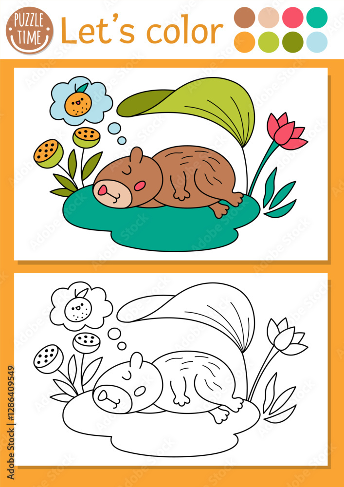Capybara coloring page for children with cute animal sleeping on water ...