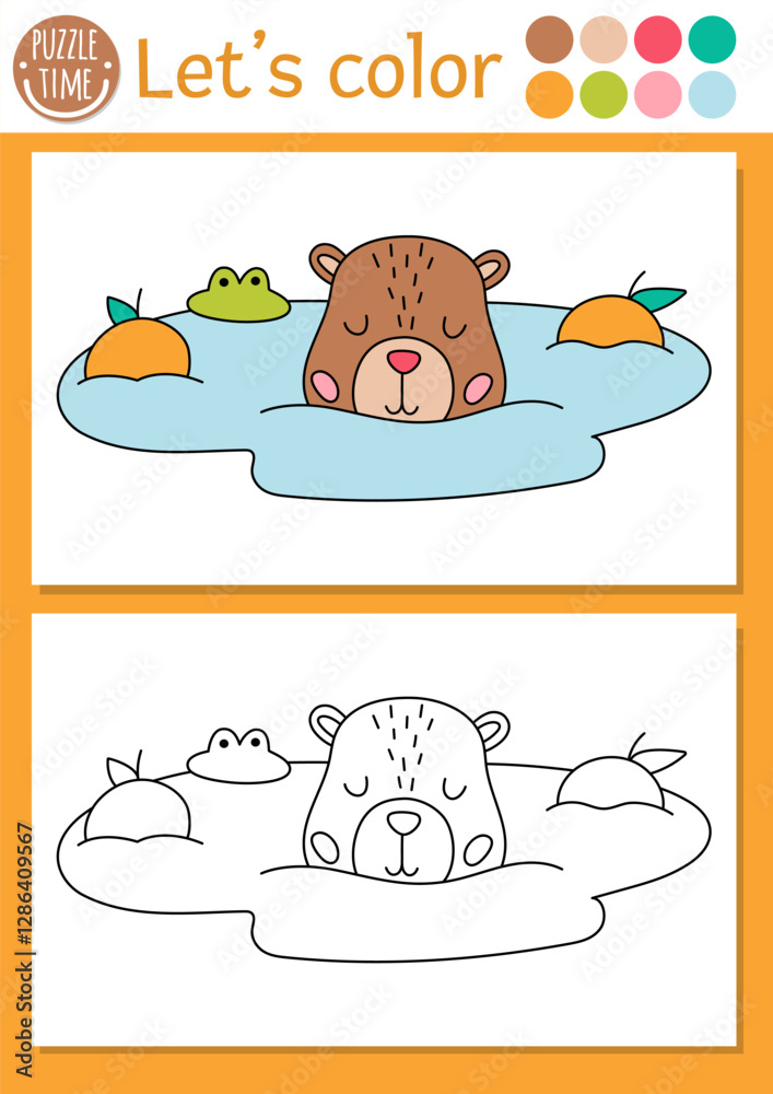 Capybara coloring page for children with cute animal swimming in pond ...