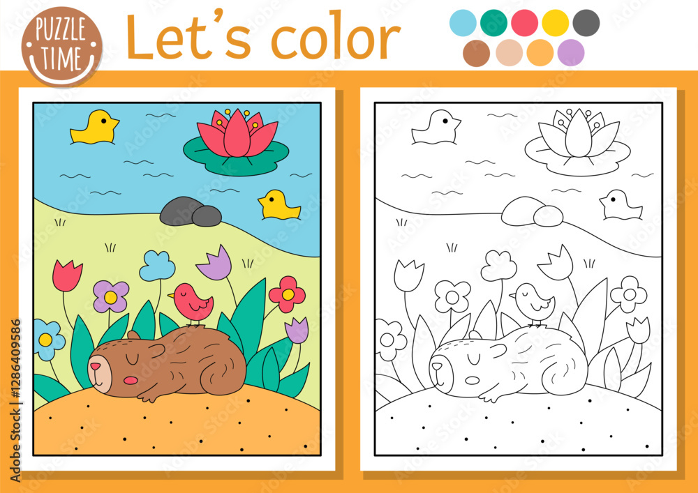 Capybara coloring page for children with cute scene, animal sleeping ...