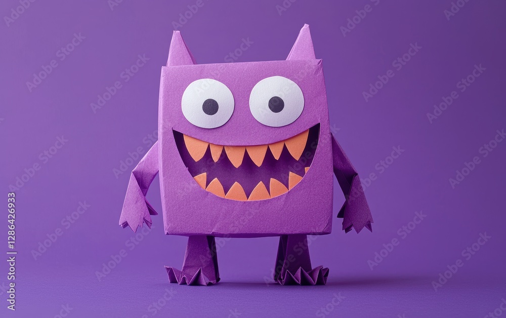 Cute paper monster with origami folds, big goofy grin, soft round body ...