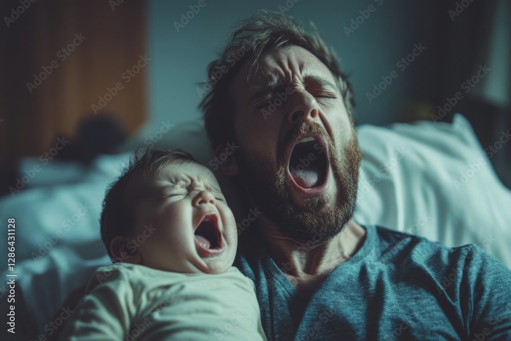 Exhausted father and his baby yawning together, struggling with sleep ...