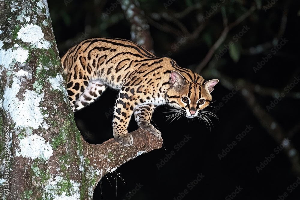 Very rare ocelot in the night of brazilian jungle, endangered and ...