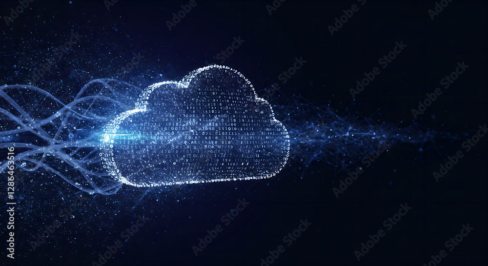 Digital cloud shape with glowing blue particles and light streams on dark background. Modern ...