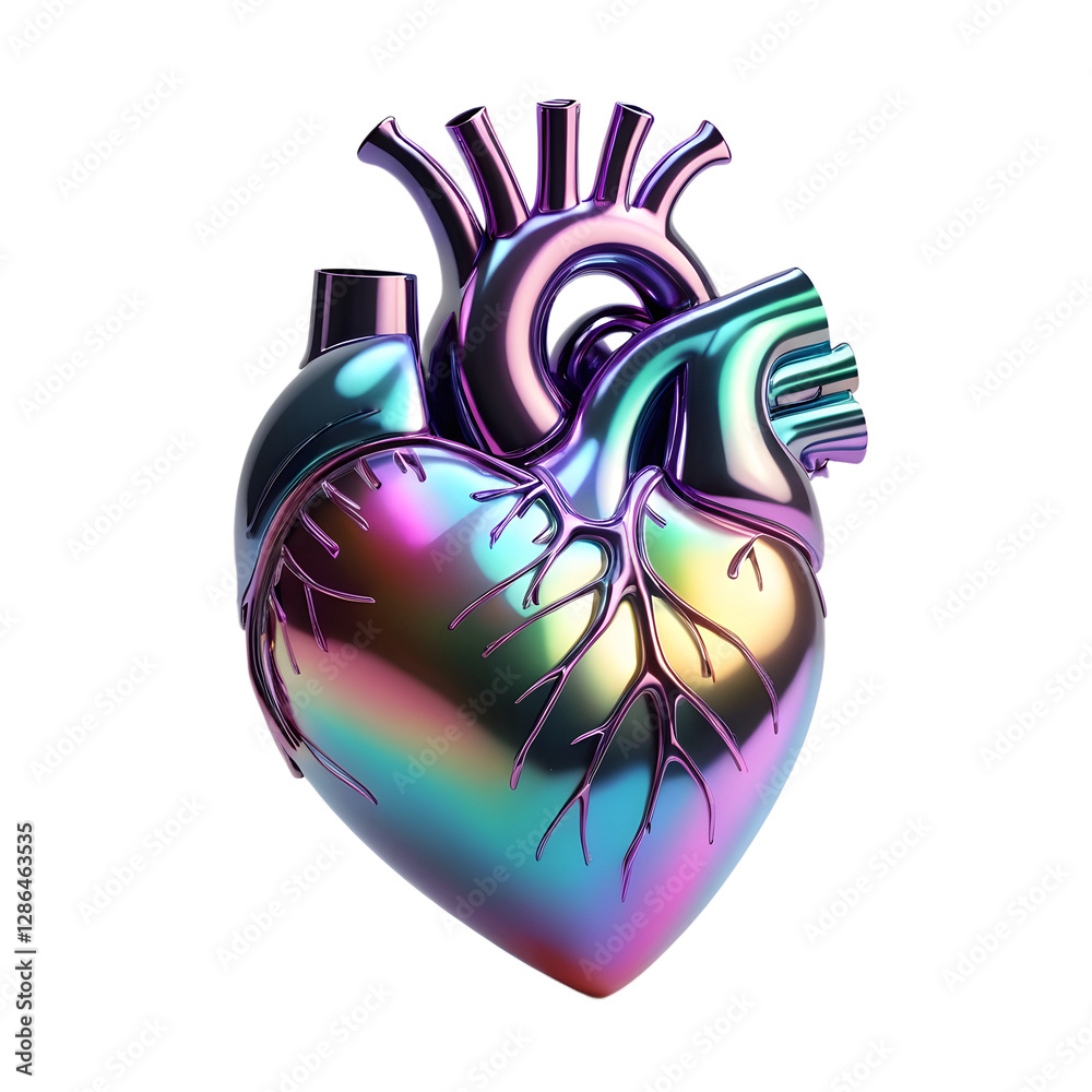 holographic iridescent human heart on white , transparent background ...