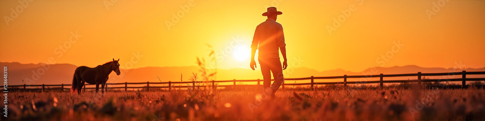 LinkedIn background with silhouette of a farmer walking along a pasture ...
