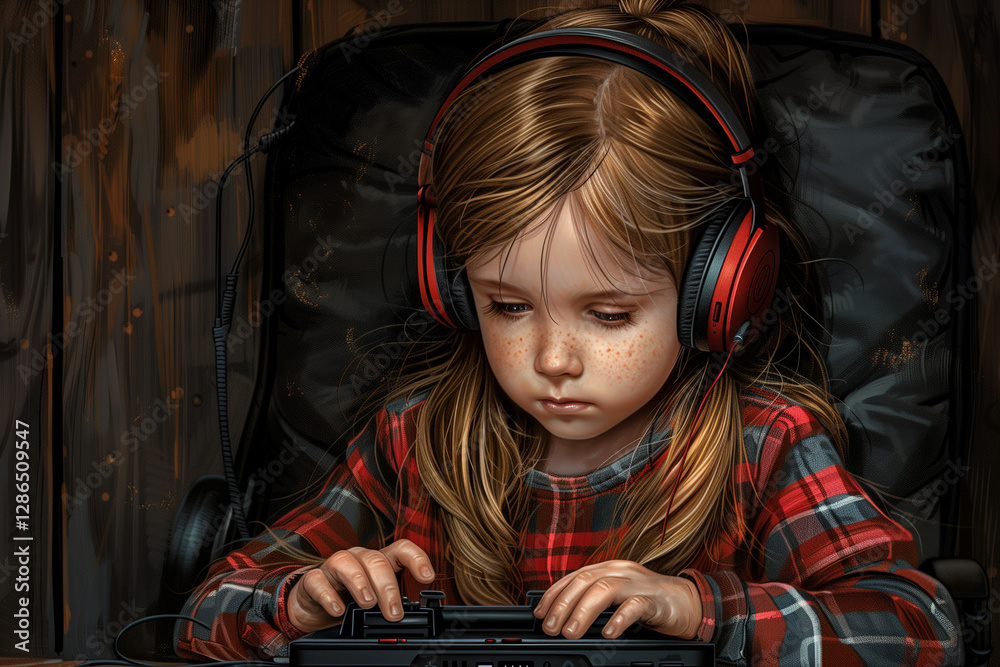 Young sad girl child Playing Video Games with Joystick and Keyboard and ...