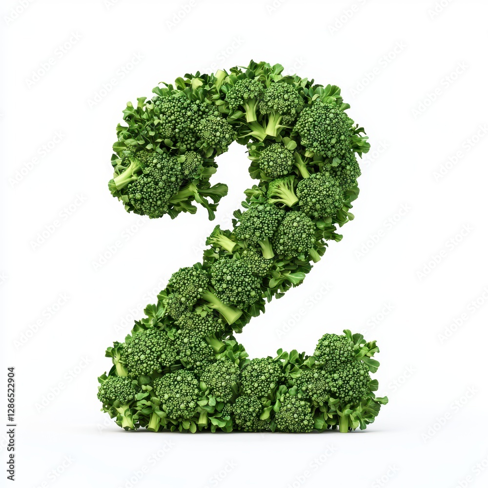 Number 2 made of bright green broccoli florets with natural texture and ...