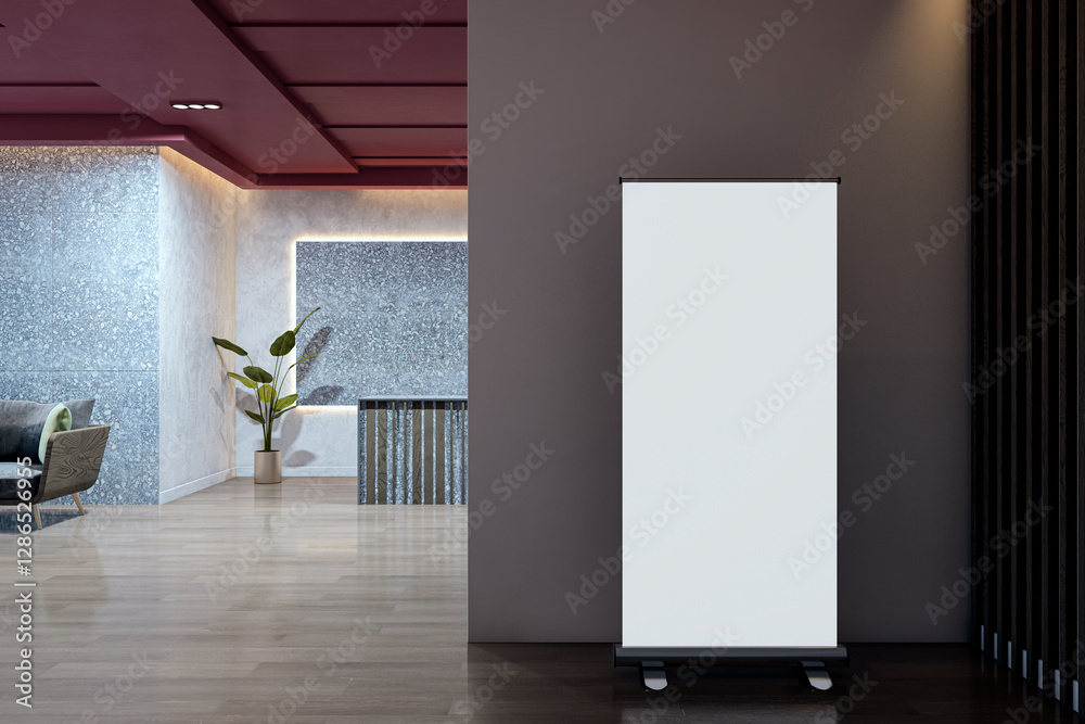 Blank roll-up banner mockup in modern office lobby interior. 3D ...
