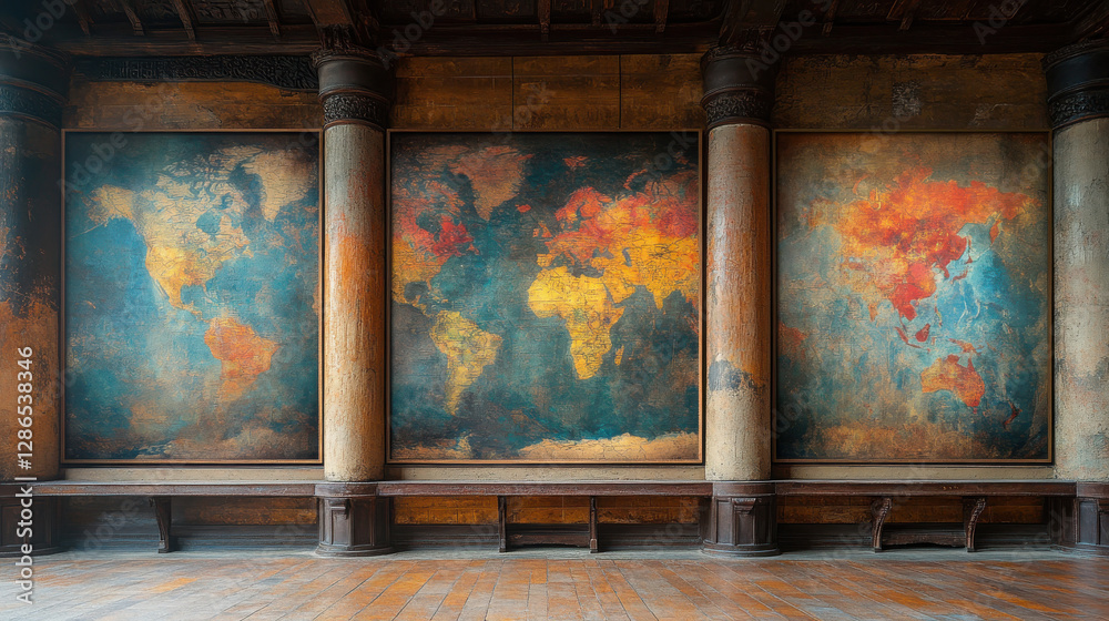 Large vintage world maps displayed on textured walls with wooden ...