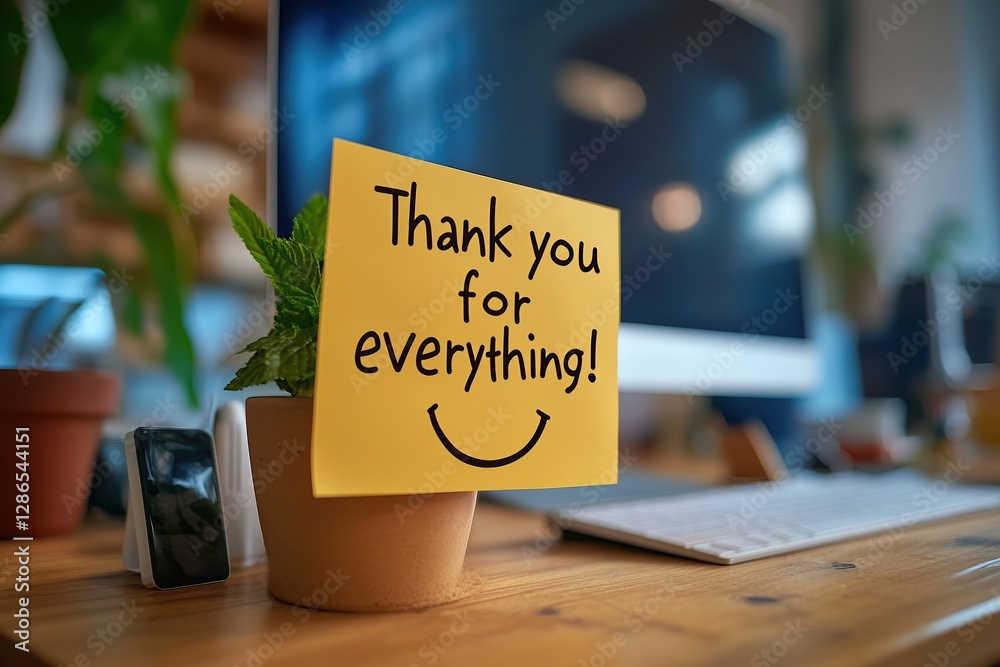 Employee leaving sticky note on boss’s computer reading "Thank you for ...